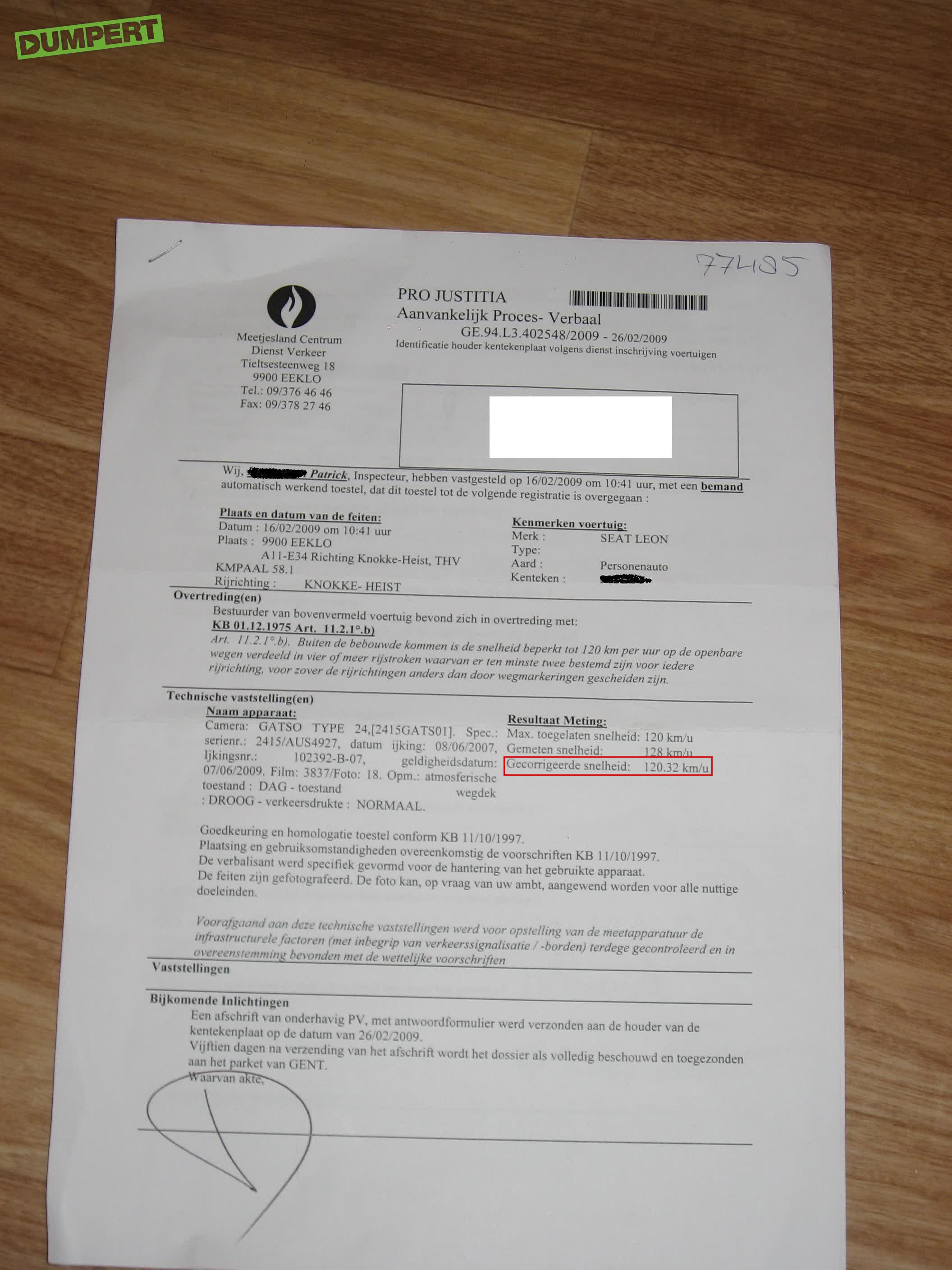 DUMPERT - Belgische Bekeuring: 0,32 km/u te hard