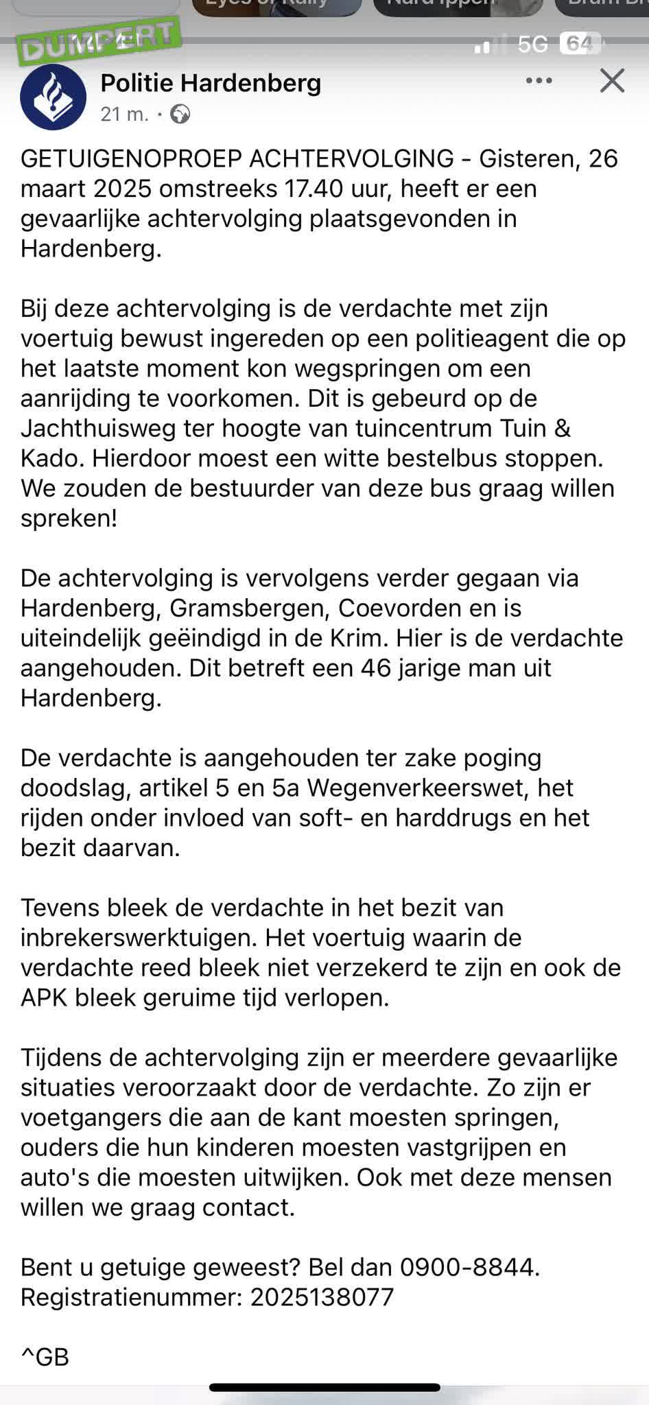 DUMPERT - Achtervolging door Hardenberg