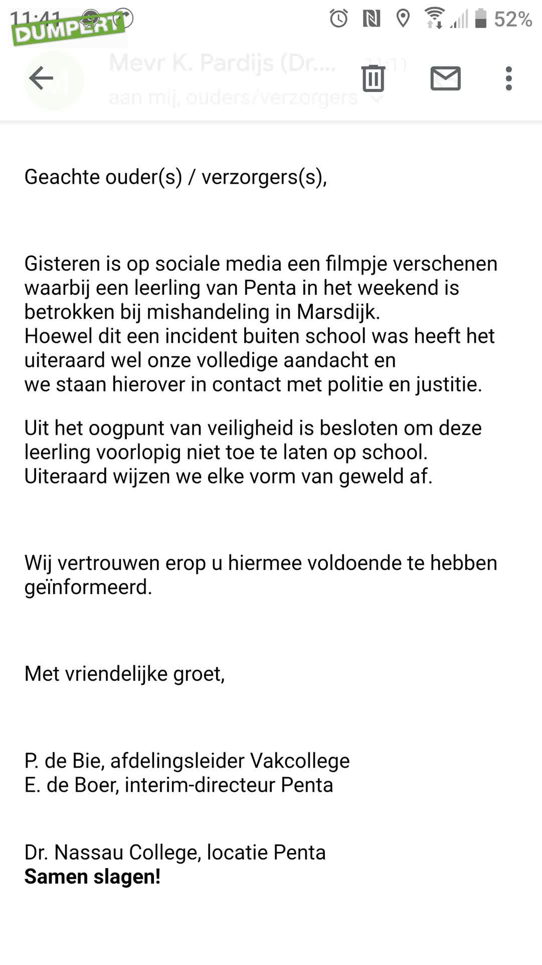 DUMPERT - Mailtje van school