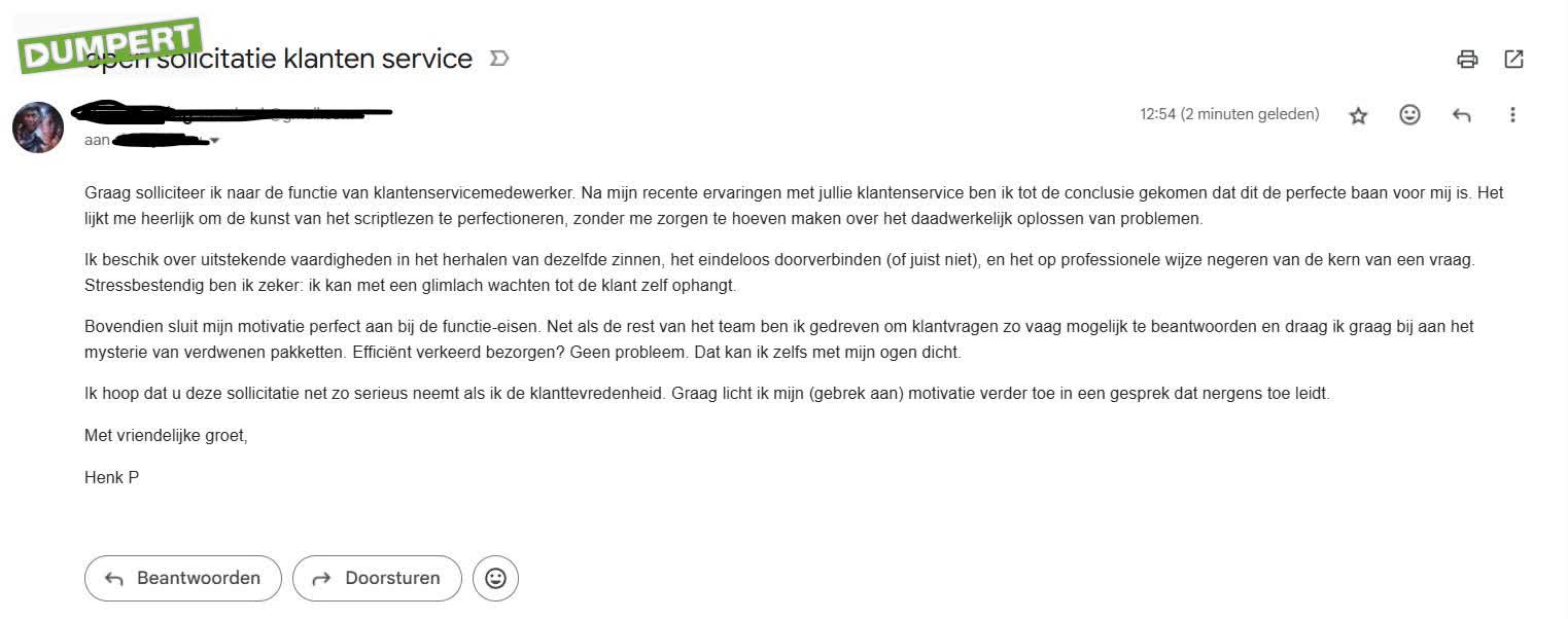 DUMPERT - Open sollicitatie voor de klantenservice