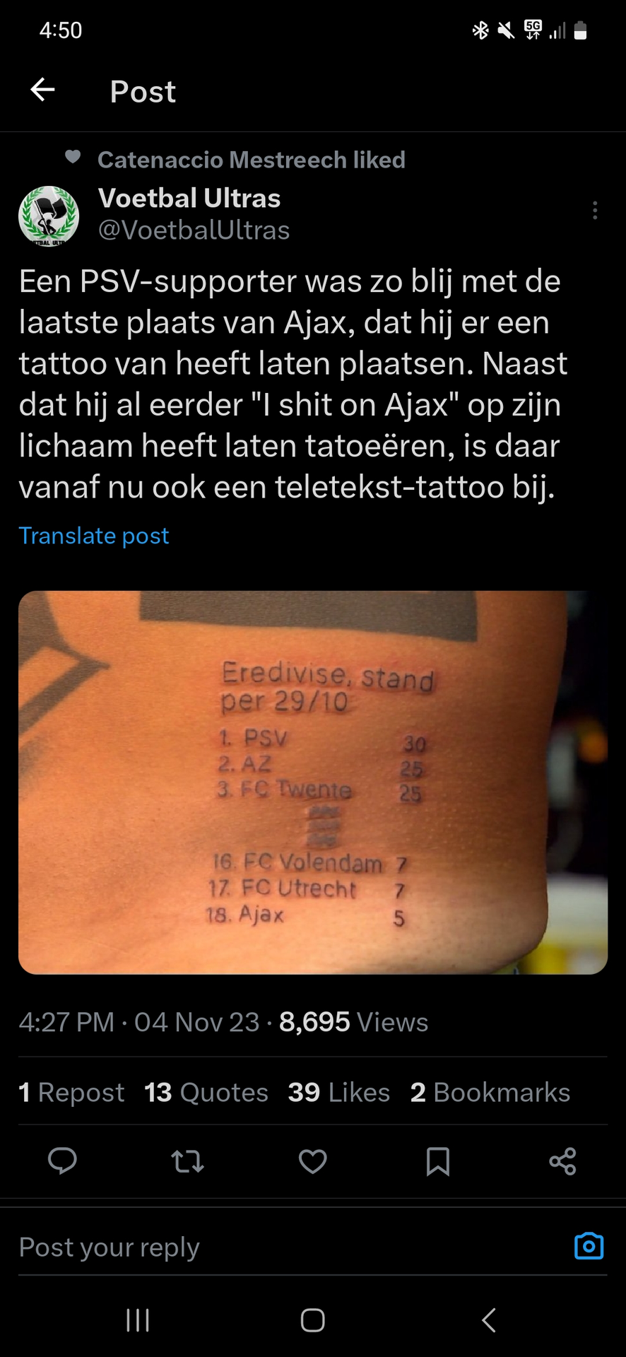 DUMPERT - psv-supportert is grote blij met nieuwe tattoo